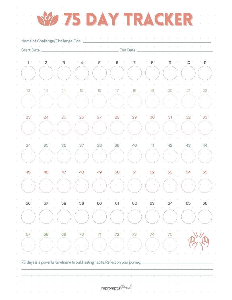 75 Day Challenge Tracker Printable - Etsy
