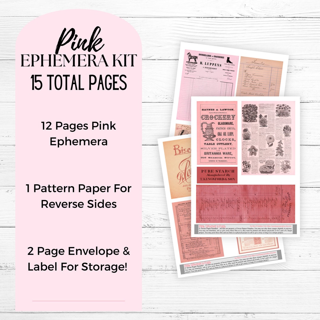 15 Pages Pink Ephemera Kit, Ephemera Pack, Hues of Pink, Vintage ...