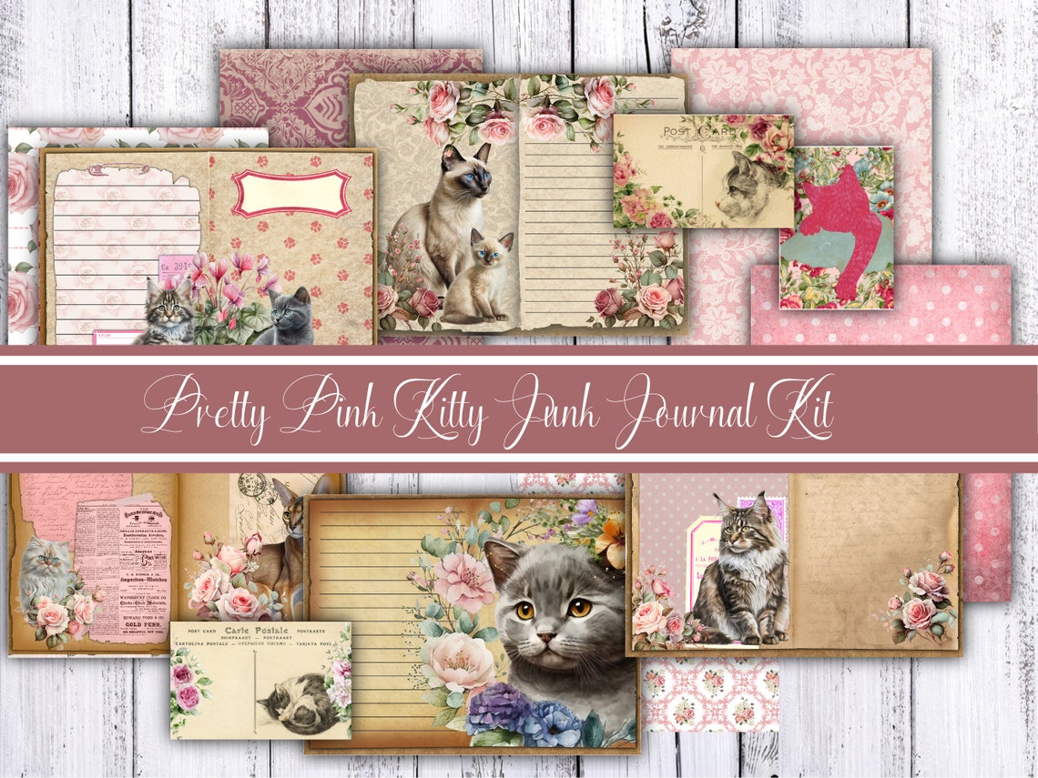 50 Page Pretty Pink Kitty Junk Journal Kit Printable Journal - Etsy