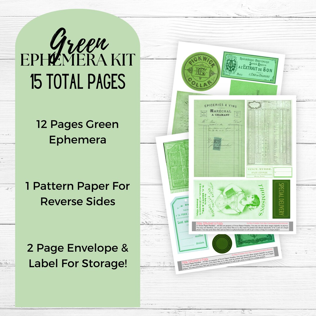 15 Pages Green Ephemera Kit, Ephemera Pack, Hues of Green, Vintage ...