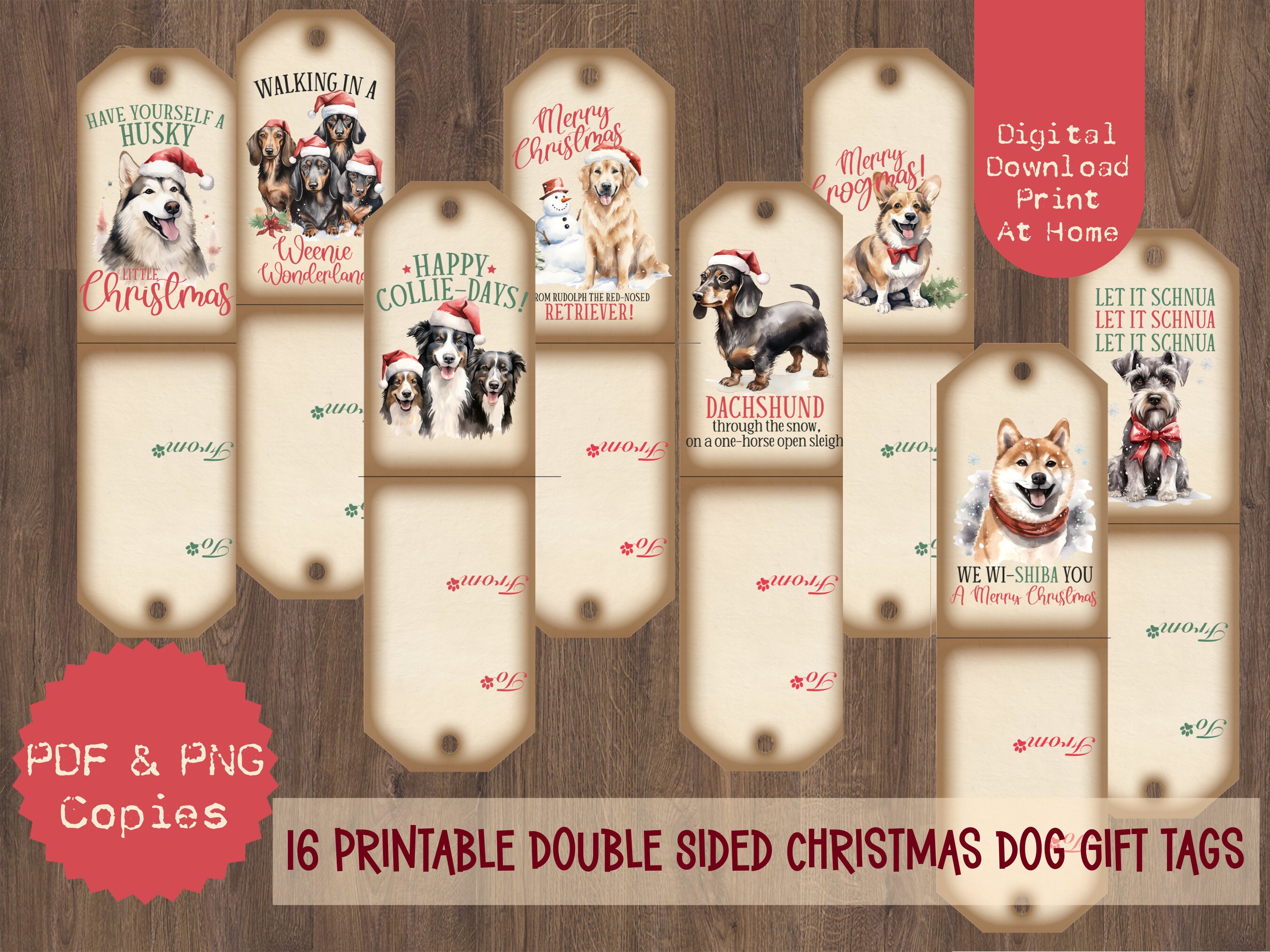 16 Printable Christmas Dog Themed Gift Tags, Double Sided Gift Tags ...