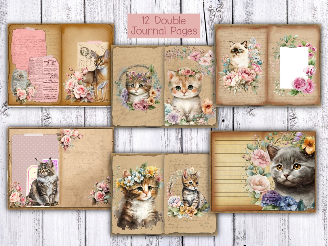 50 Page Pretty Pink Kitty Junk Journal Kit Printable Journal - Etsy
