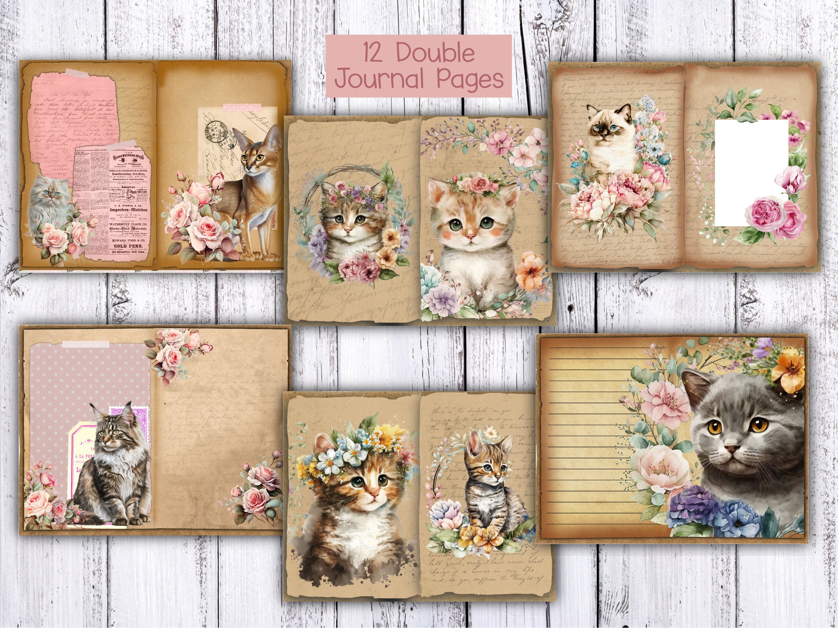 50 Page Pretty Pink Kitty Junk Journal Kit, Printable Journal Kit, DIY ...