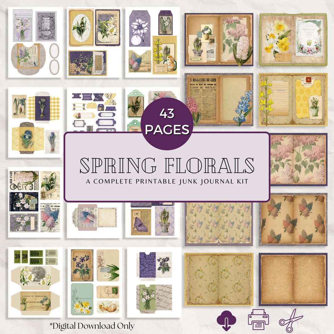 Spring Florals Junk Journal Kit, 43 Printable Journal Pages, Floral ...