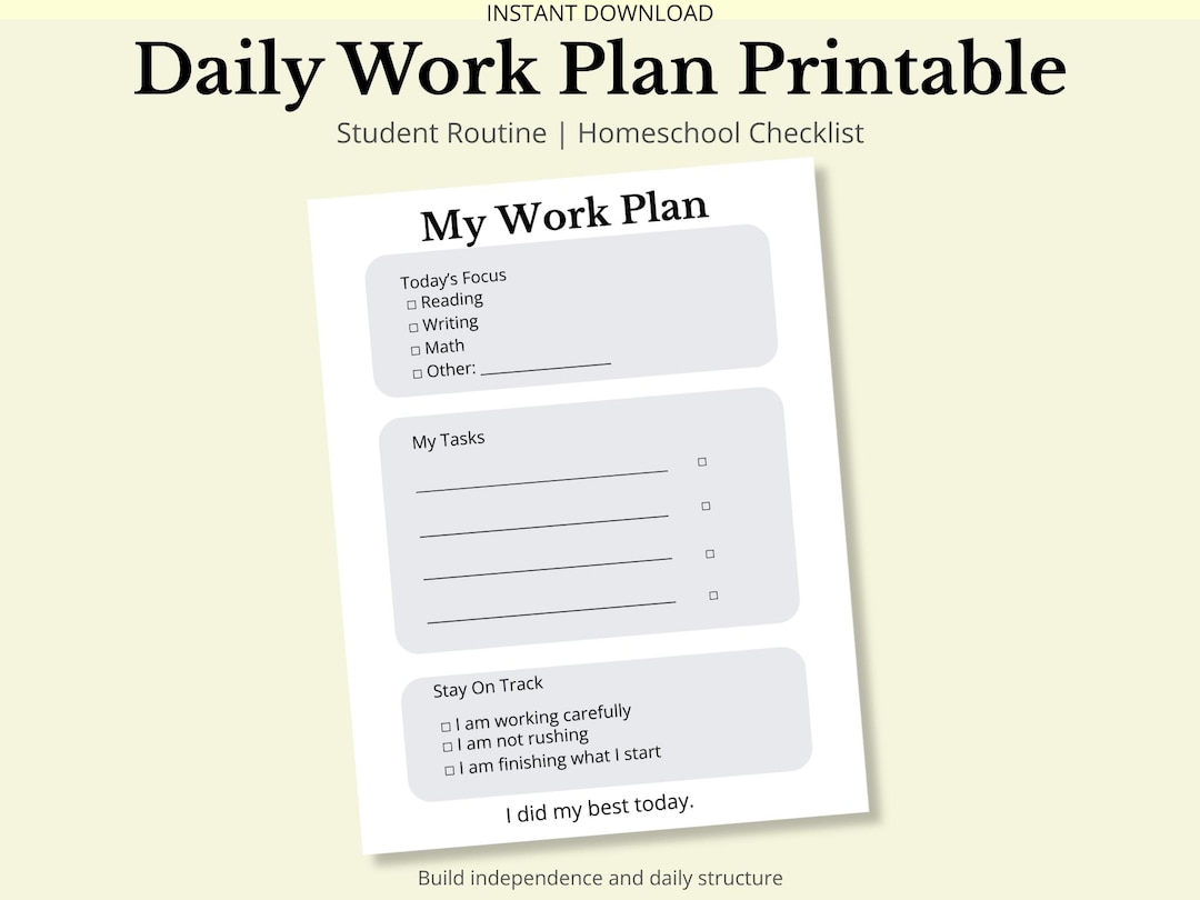 Daily Work Plan for Kids | Student Checklist Printable | Homeschool ...