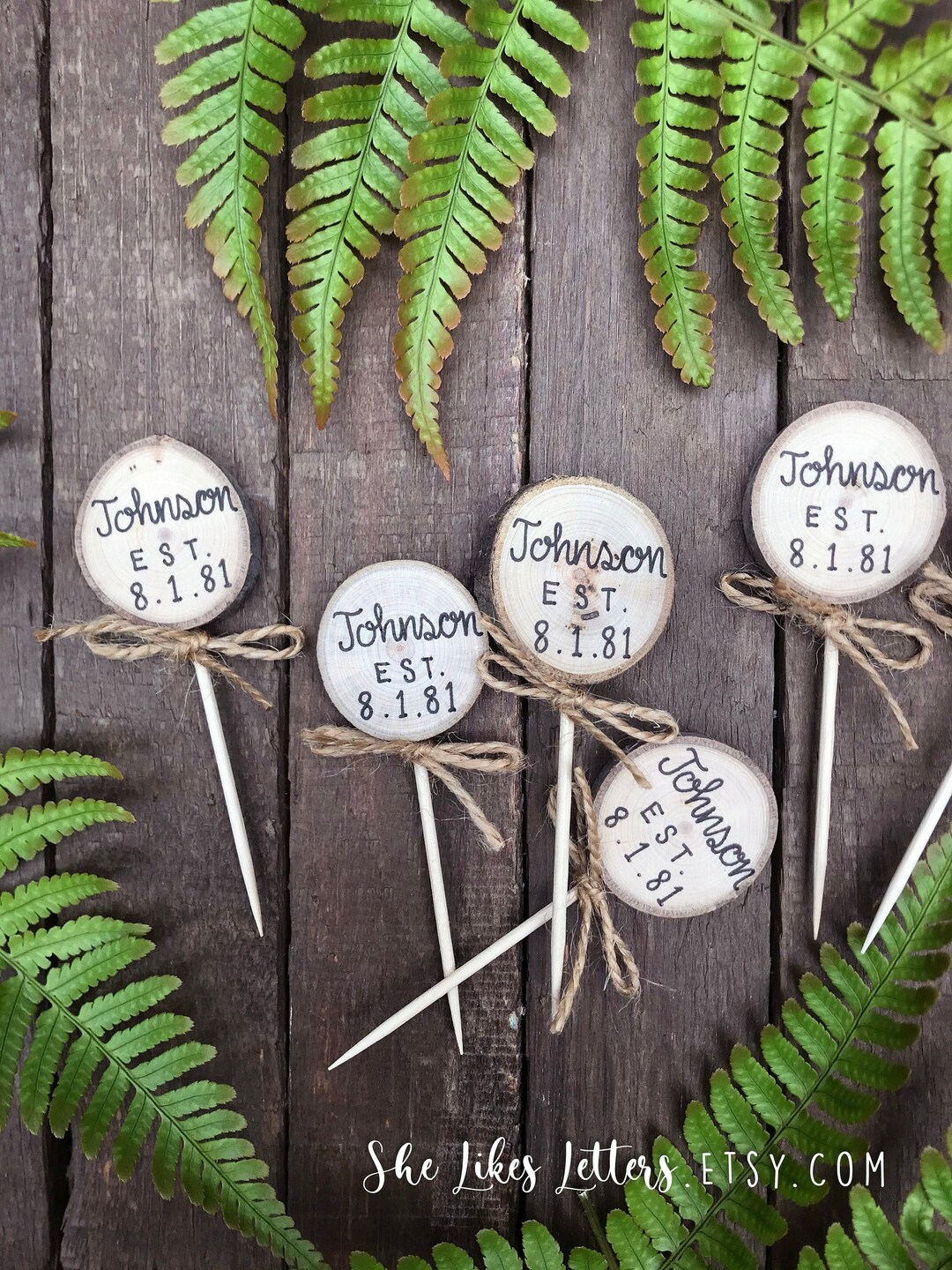 Last Name & Wedding Date Cupcake Toppers | Rustic Cupcake Picks ...