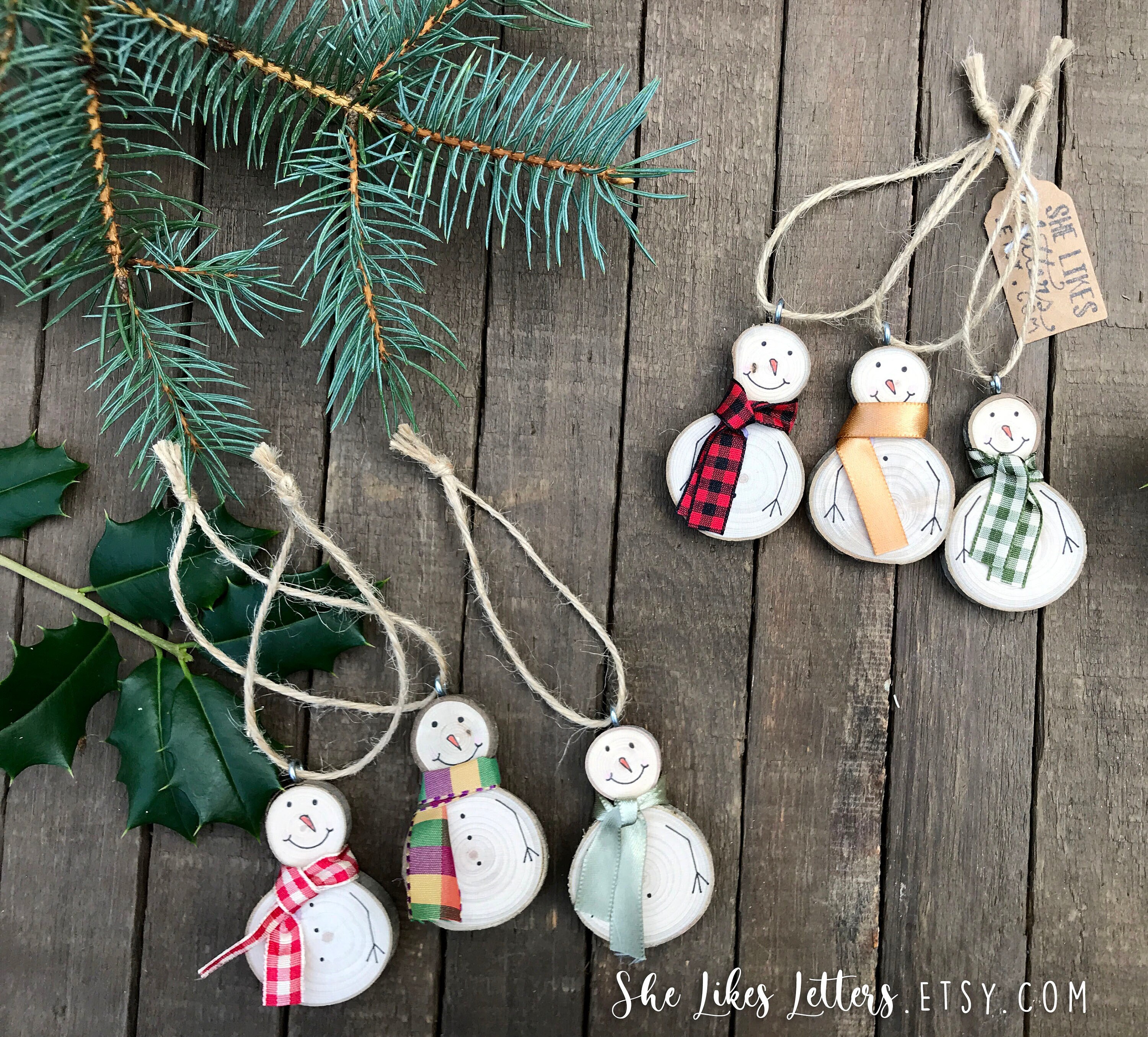 Snowman Christmas Tree Ornaments 2" Tree Slice (set of 3) Wood Snowmen ...