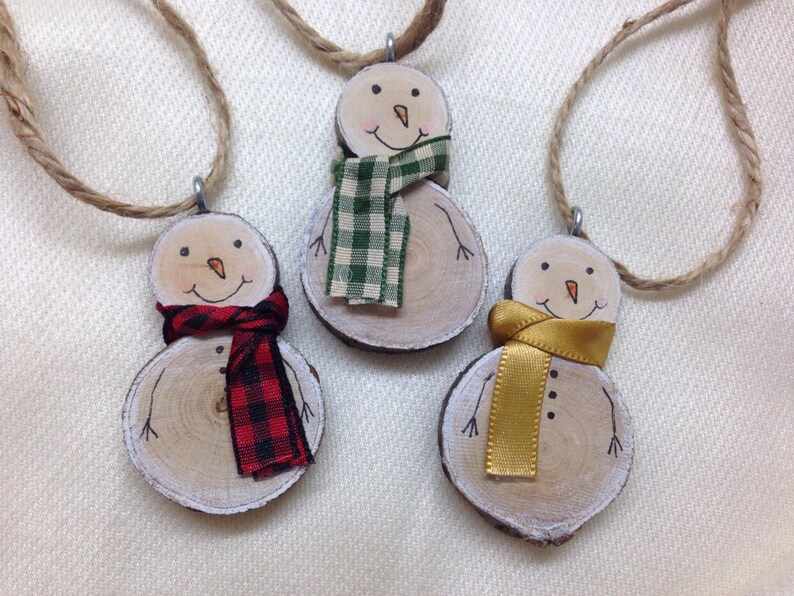 Snowman Christmas Tree Ornaments 2" Tree Slice (set of 3) Wood Snowmen ...