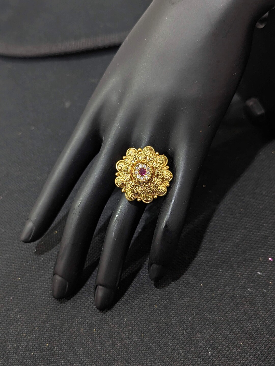 Flower Design Round Finger Rings - Yellow Matte Gold Plated Adjustable ...