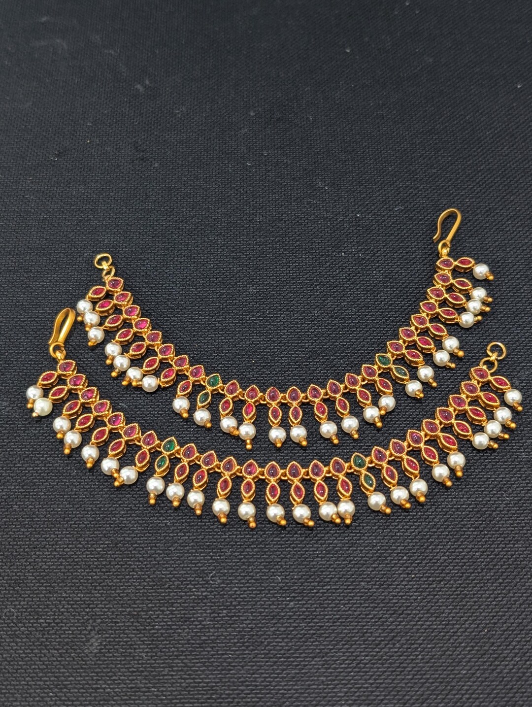 Indian Wedding Kaan Chain / Bridal Wear / Orange Gold Plated Kemp Stone ...