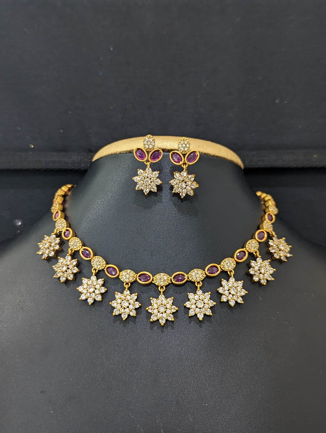 Simple Choker Necklace Set / Antique Gold Plated CZ Choker Earrings Set ...