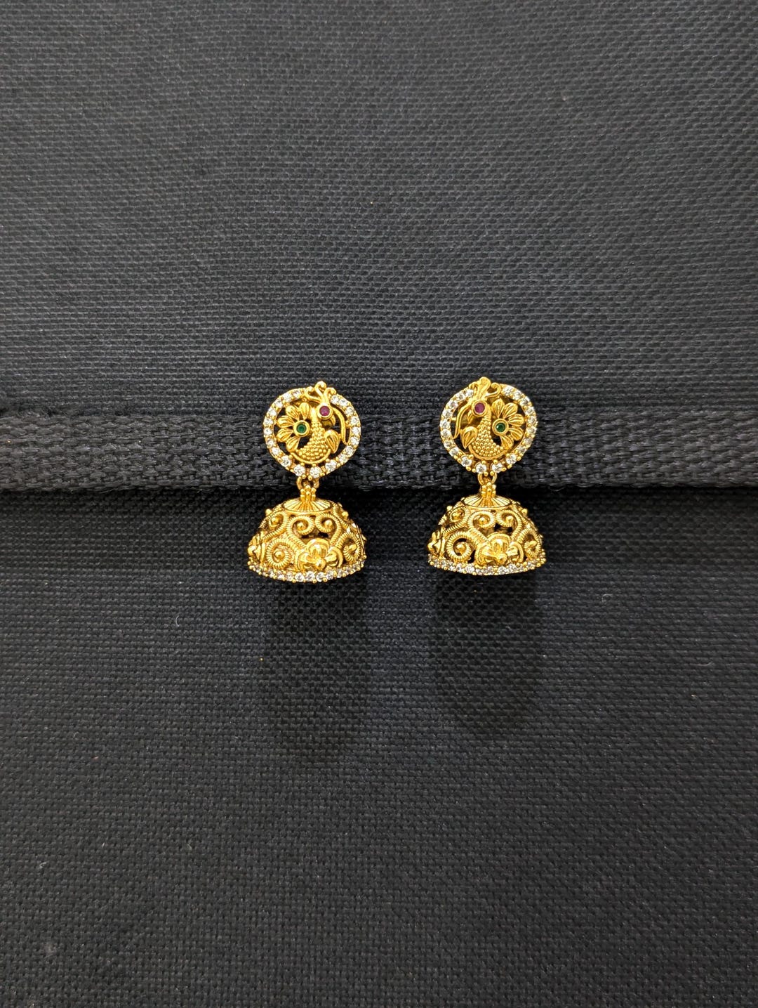 Antique Gold Plated Small Jhumka Earrings / Peacock CZ Jhumki / Indian ...