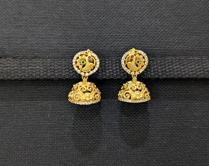 Antique Gold Plated Small Jhumka Earrings / Peacock CZ Jhumki / Indian ...