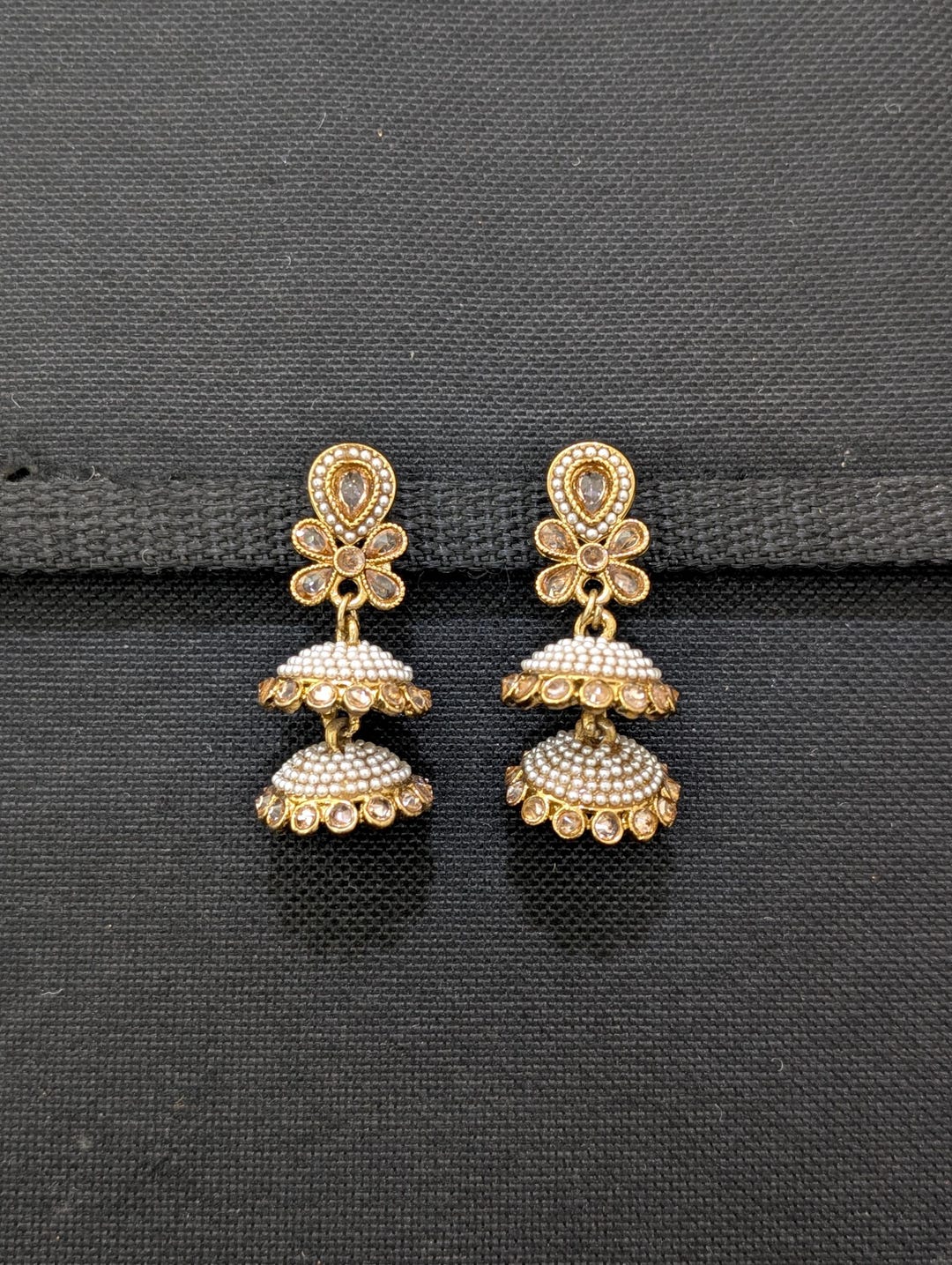Mehandi Gold Plated Dual Layer Jhumka Earrings / Pearl Polki Jhumki ...