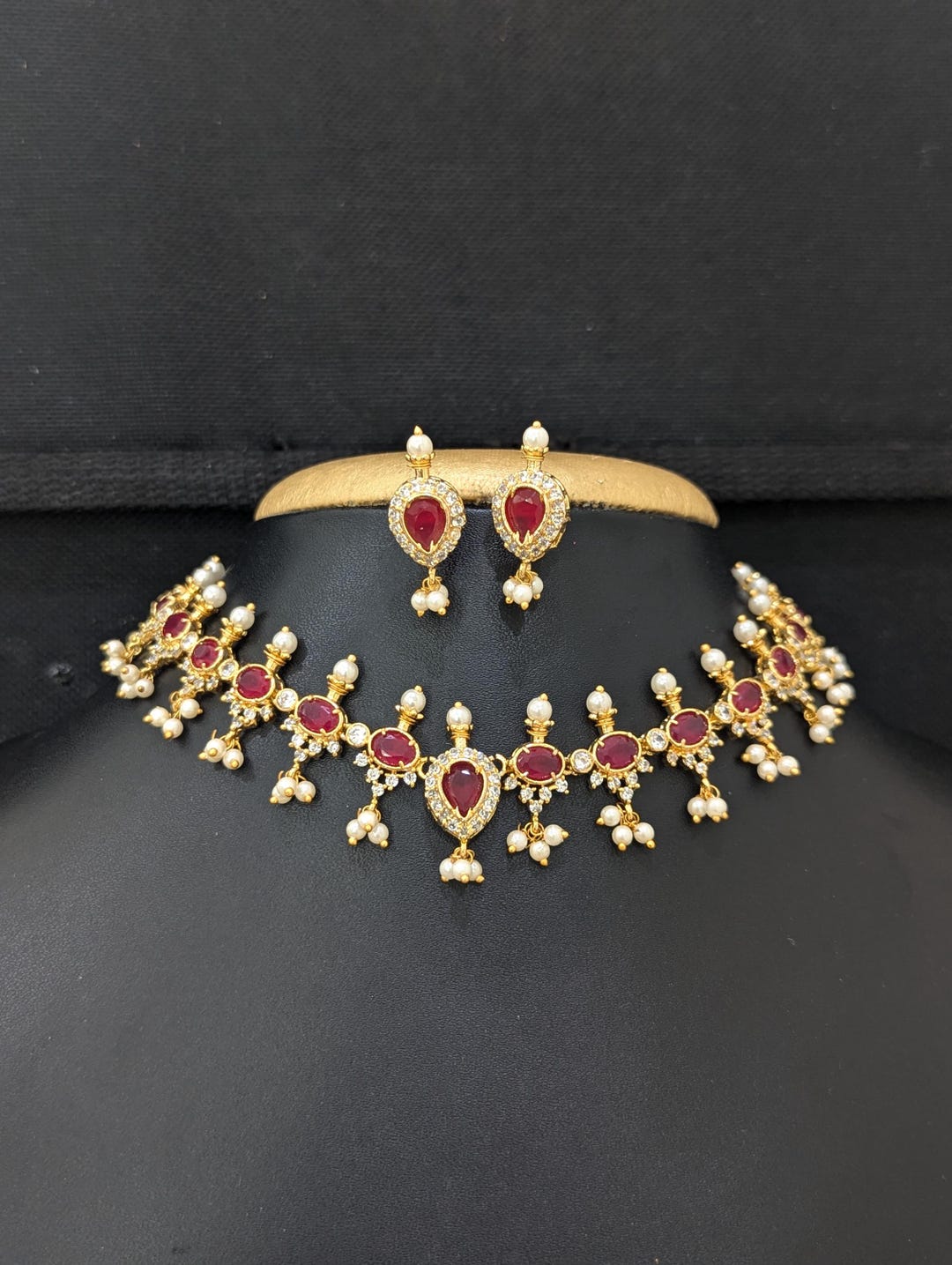 Pearl Dangle CZ Choker Set / Guttapusalu Set Gold Plated Choker Set ...