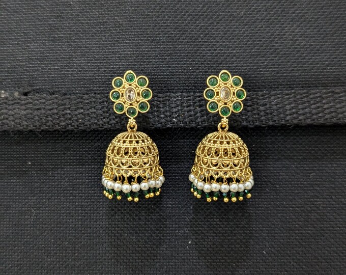 Gold Plated Small Jhumka Earrings / Pearl Bead Dangle Kemp Jhumki ...