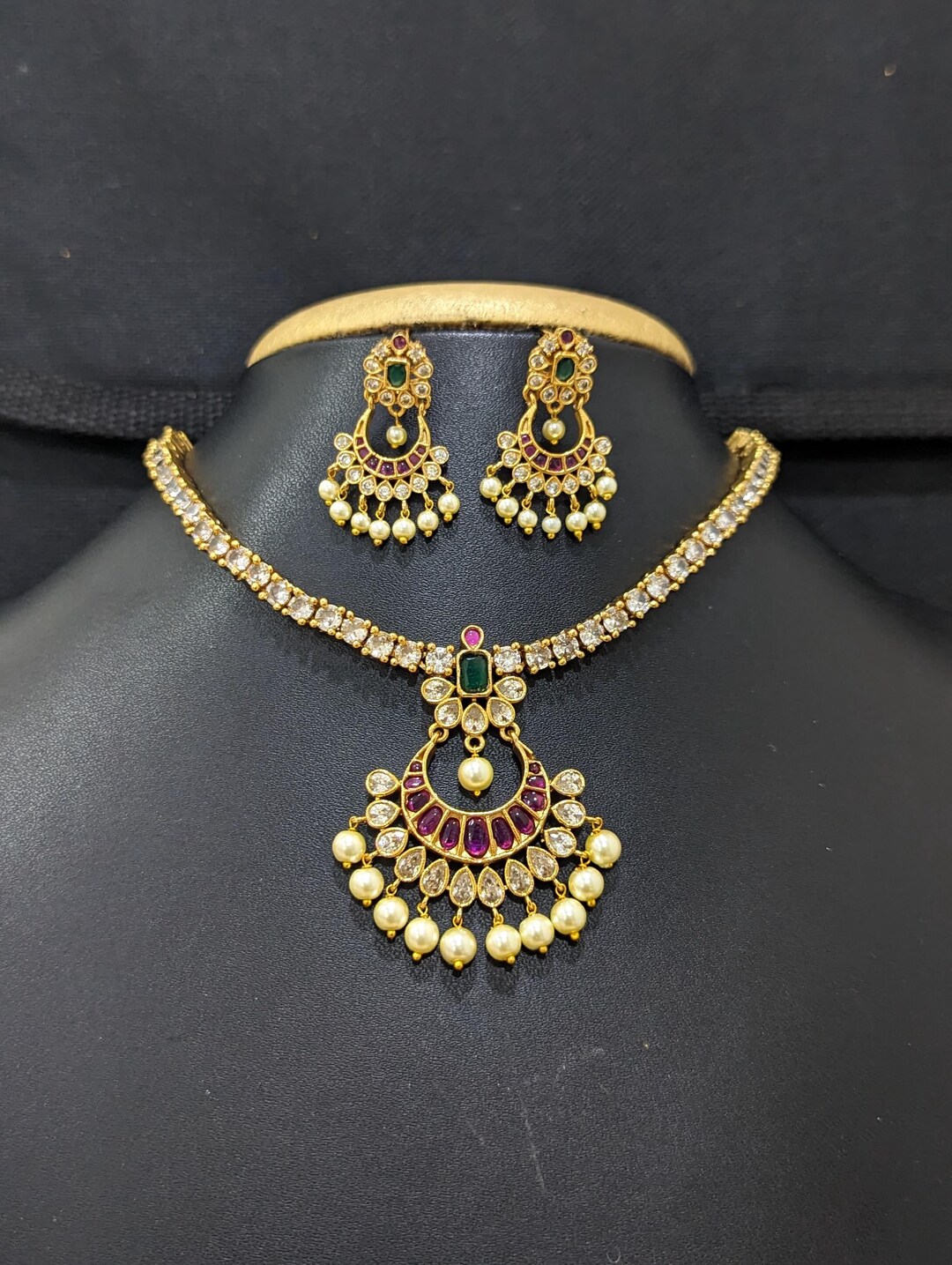 Adigai Style Choker Necklace and Chandbali Earrings Set / Traditional ...