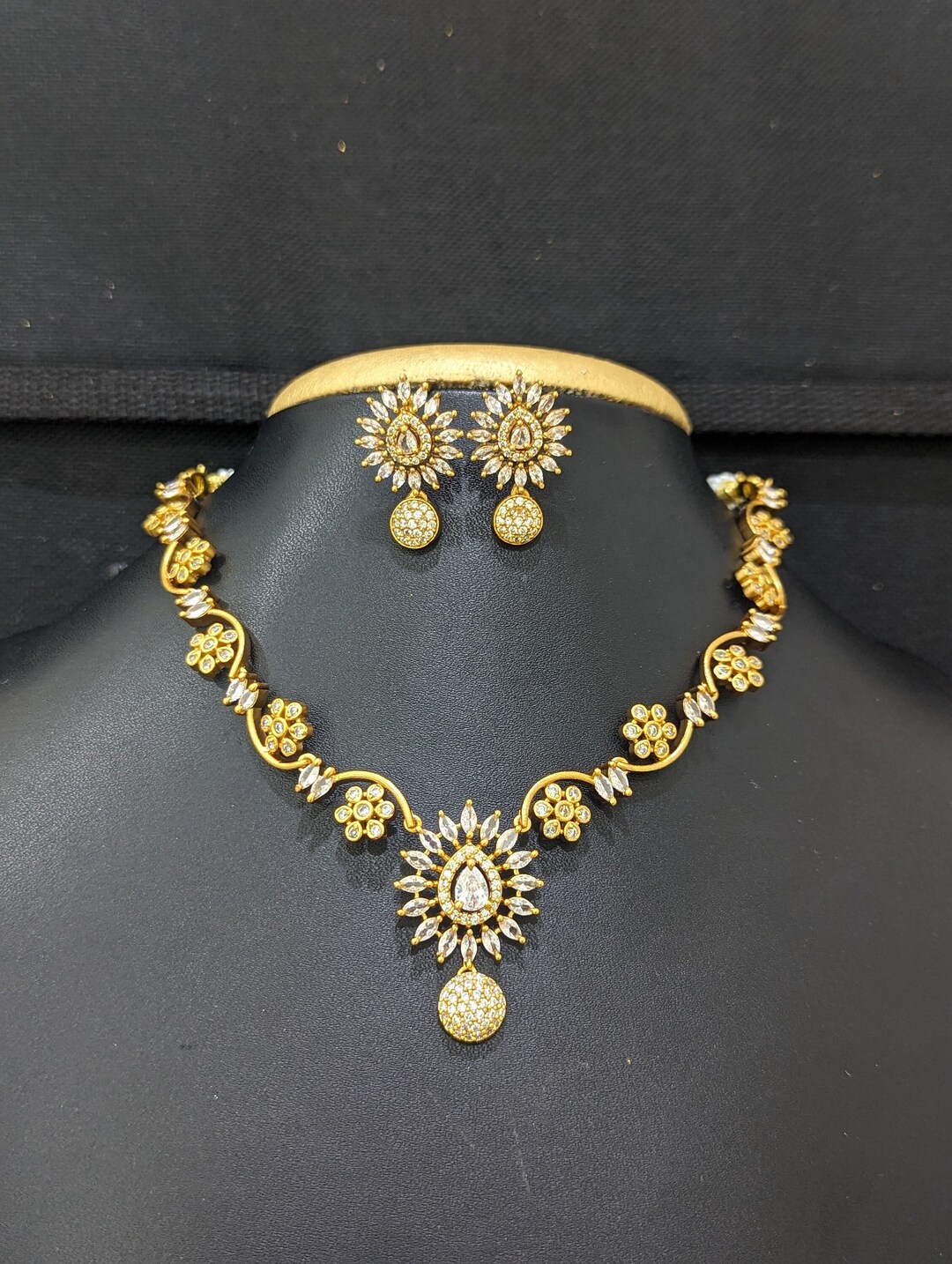 Flower White CZ Choker Necklace Set / Antique Gold Plated Choker ...