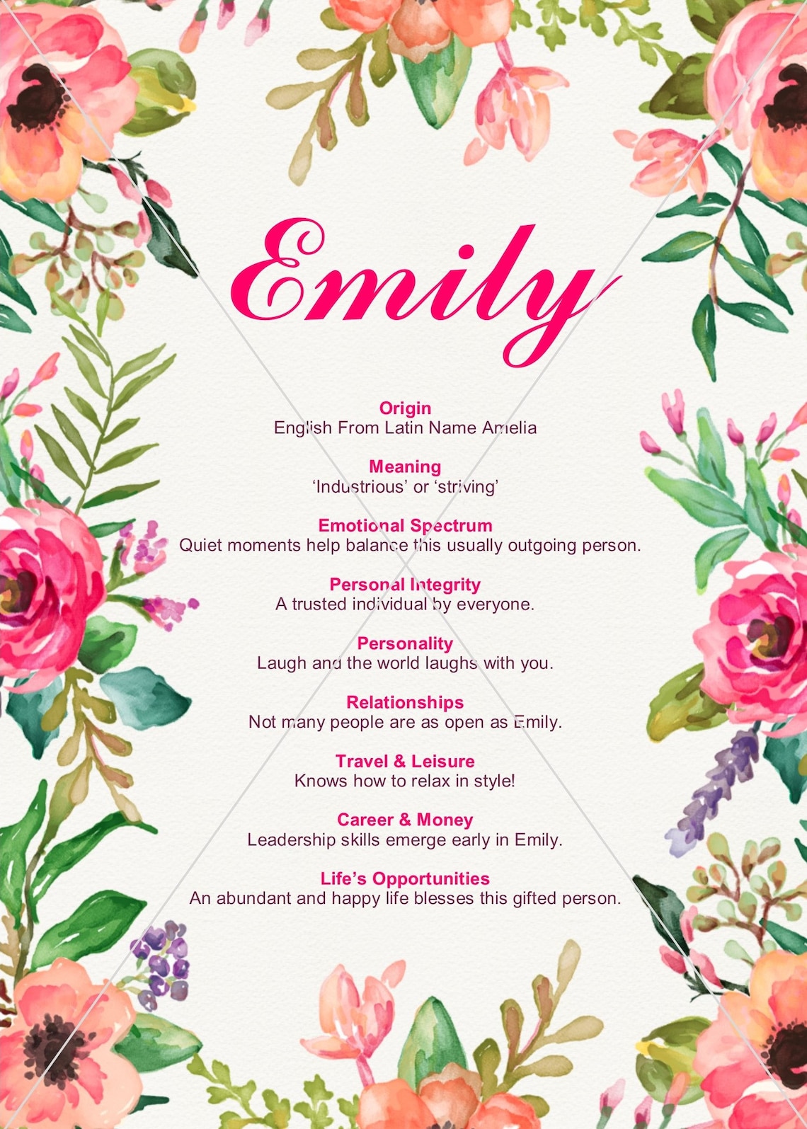 EMILY Girl Name Que significa Acuarela Flores Póster 5x7 - Etsy México