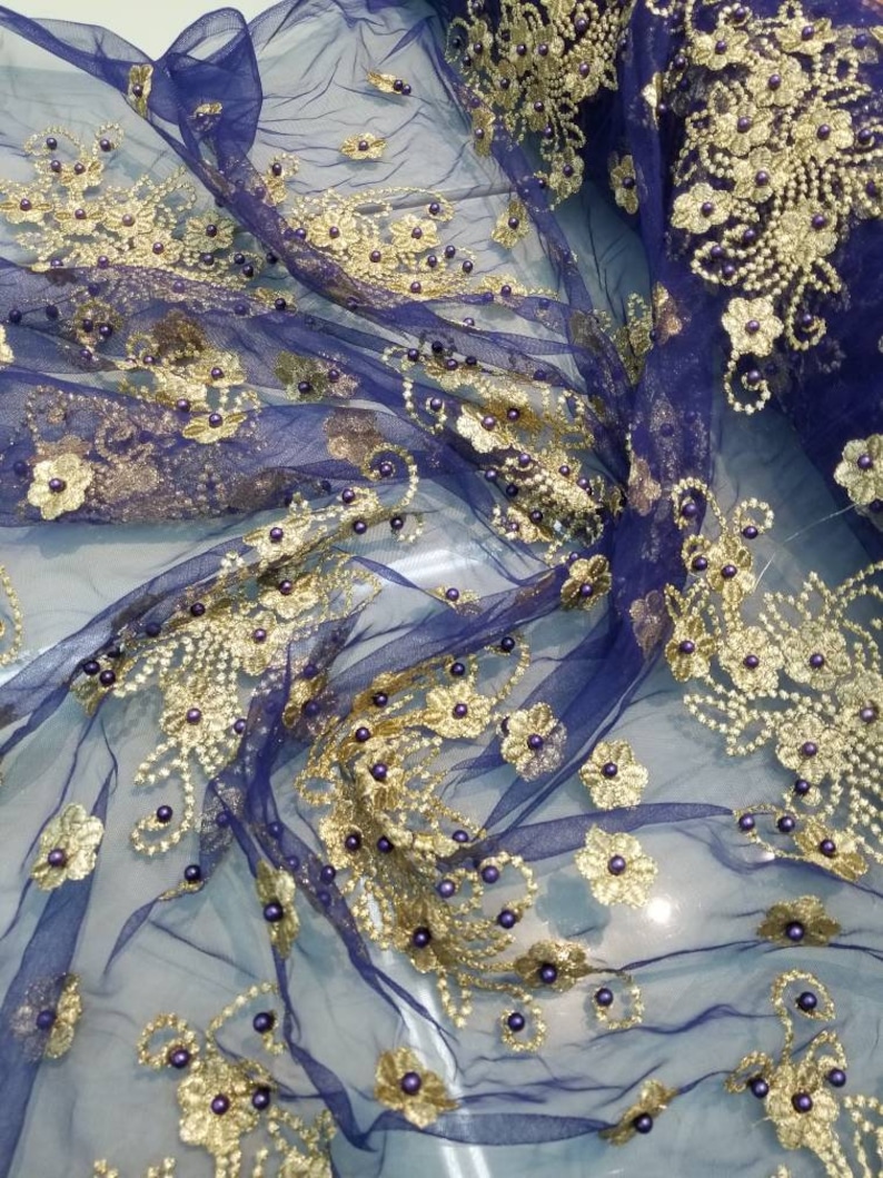 Royal Blue Color Tulle Embroidered Lace With Gold Thread Work | Etsy