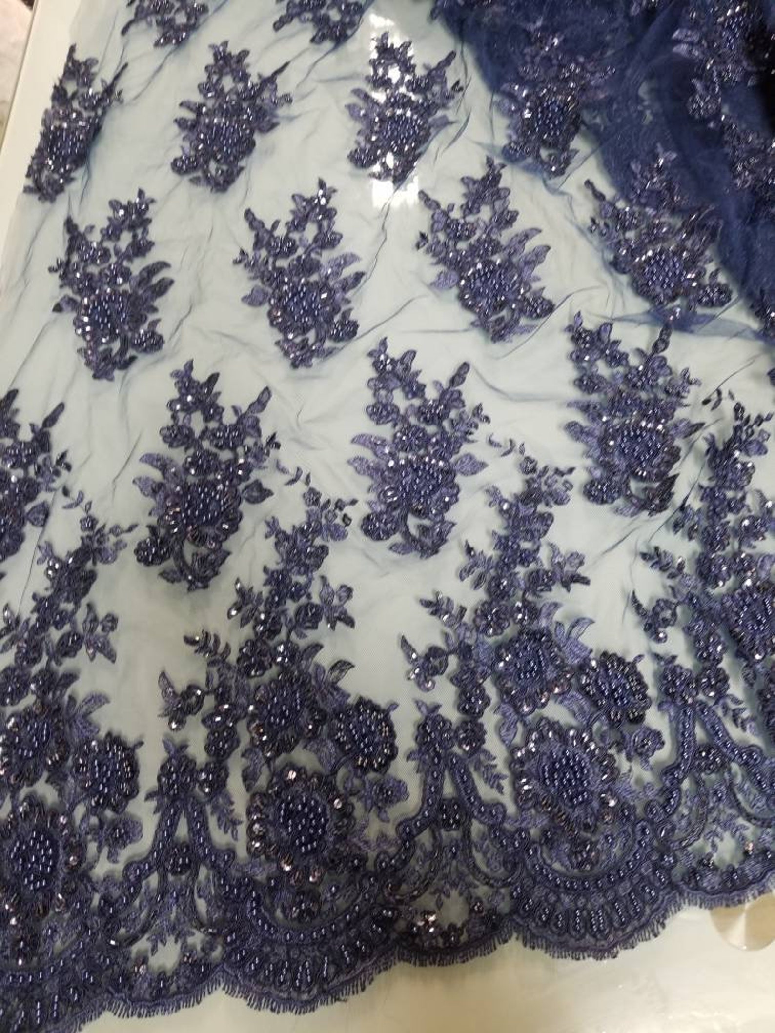 Navy Blue Lace Fabric for Haute Couture Dress Lace Fabric Beaded Bridal ...