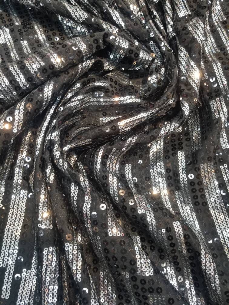 Striped Silver Sequence on Black Stretch Fabric Usable for Apparel ...