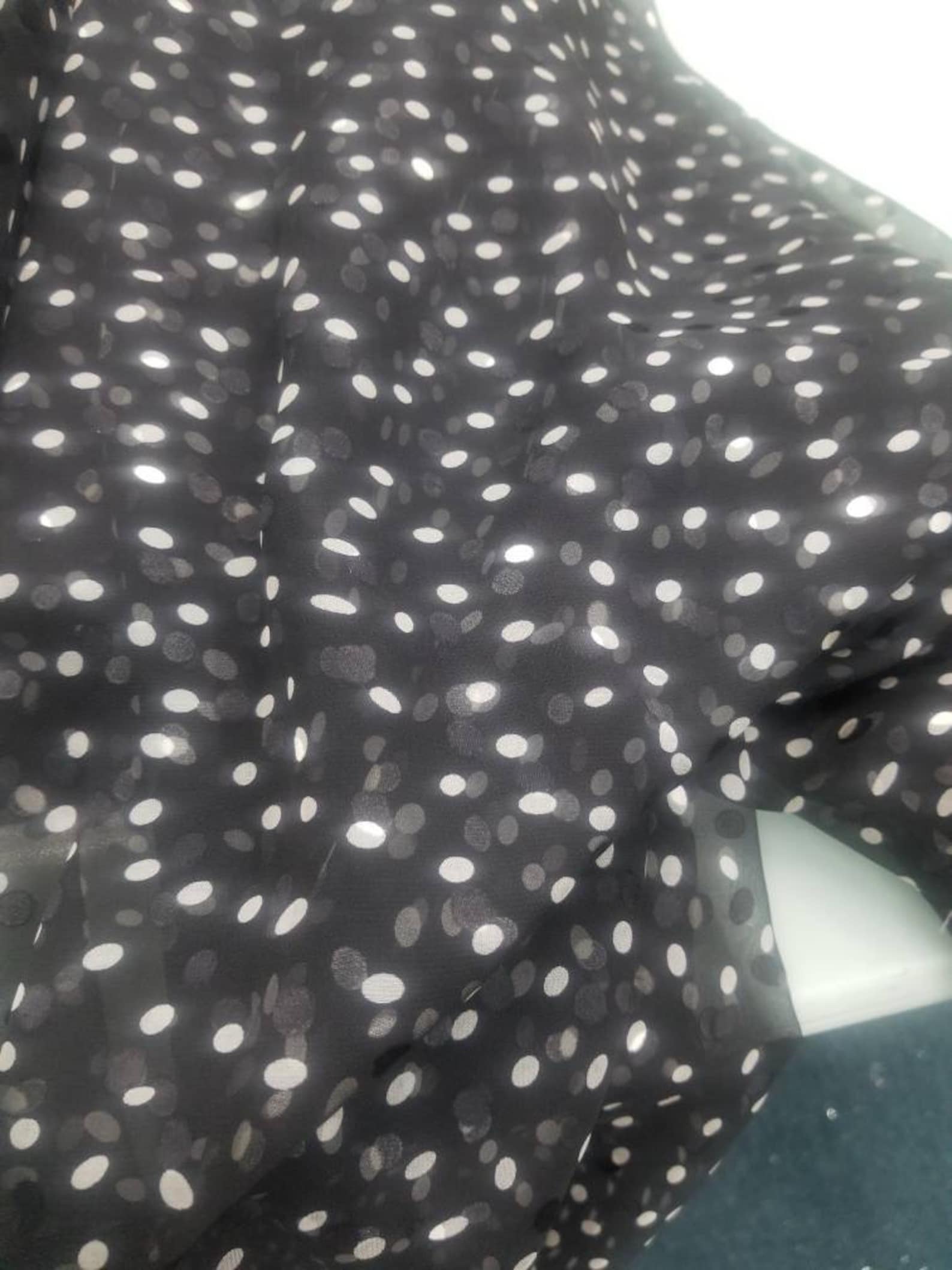 Polka Dots White and Black Color on Black Silk Chiffon Fabric ...