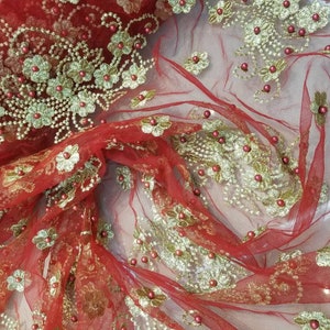 Red Tulle Embroidered Lace With Gold Thread Work and Red Pearl 45" Wide ...
