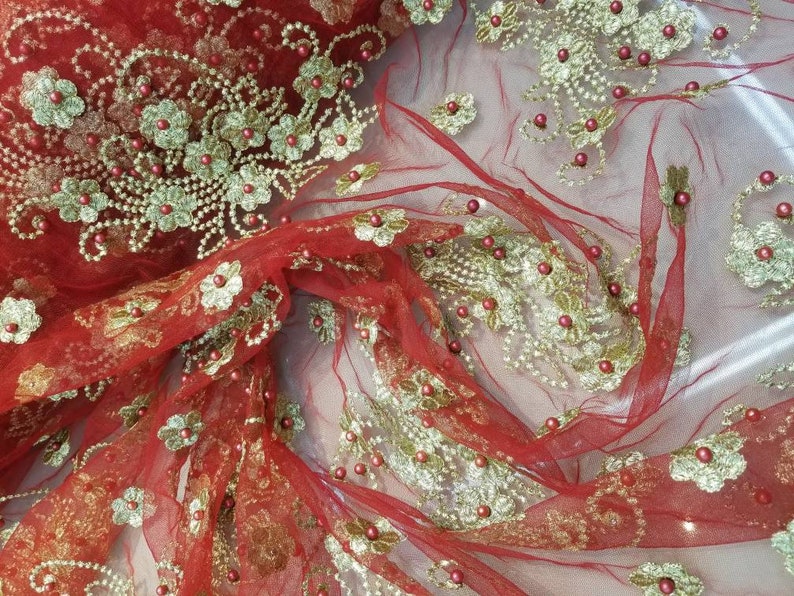 Red Tulle Embroidered Lace With Gold Thread Work and Red Pearl - Etsy