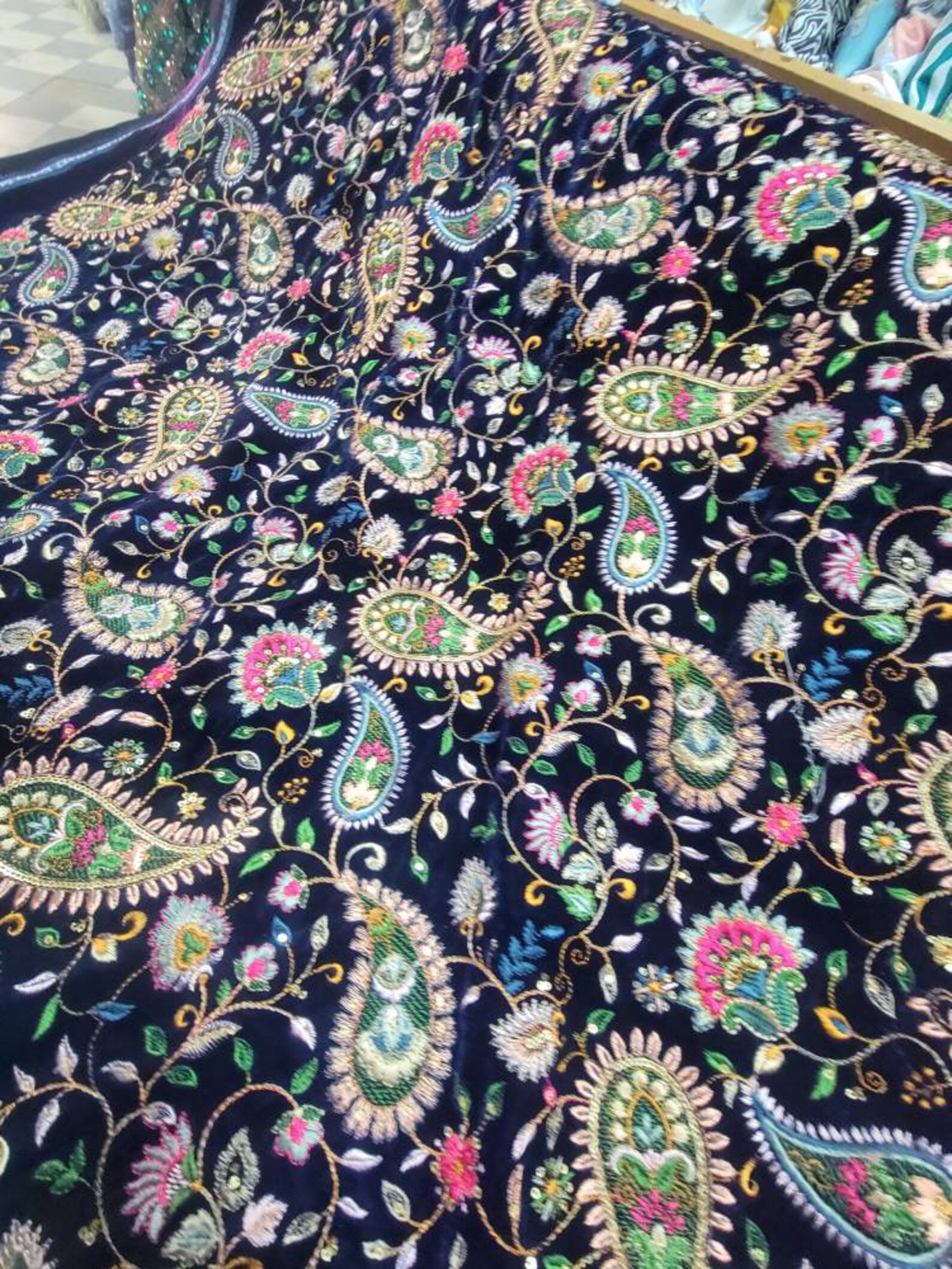 Navy Blue Color Embroidered and Beaded Velvet 44 Inches Wide Usable for ...