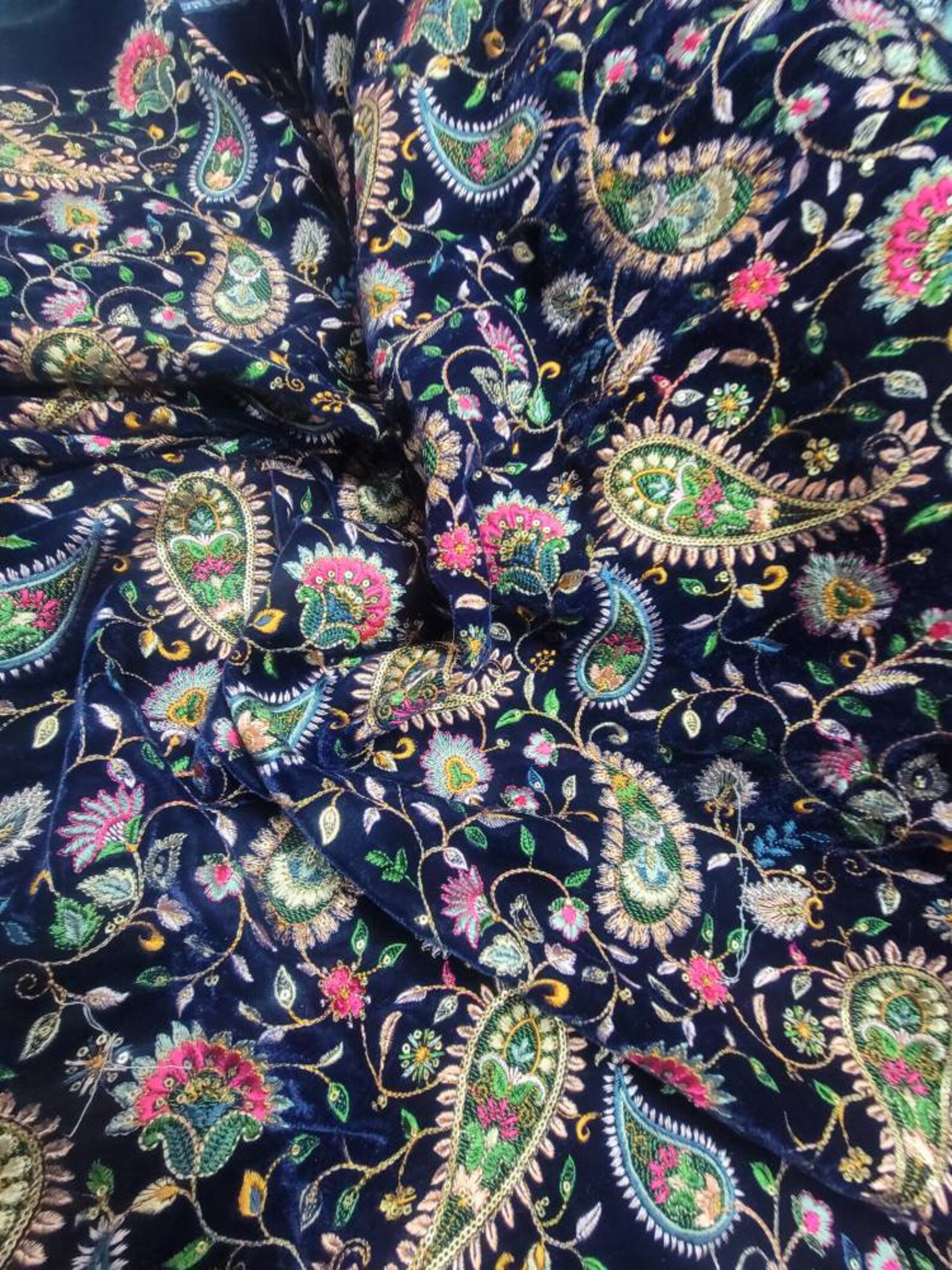 Navy Blue Color Embroidered and Beaded Velvet 44 Inches Wide Usable for ...