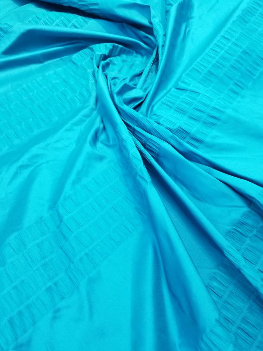 100% Silk Shantung Turquoish Color Embossed Striped Design Usable for ...