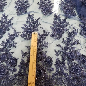 Navy Blue Lace Fabric for Haute Couture Dress Lace Fabric Beaded Bridal ...