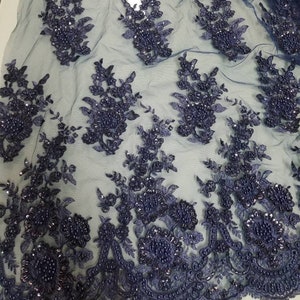 Navy Blue Lace Fabric for Haute Couture Dress Lace Fabric Beaded Bridal ...