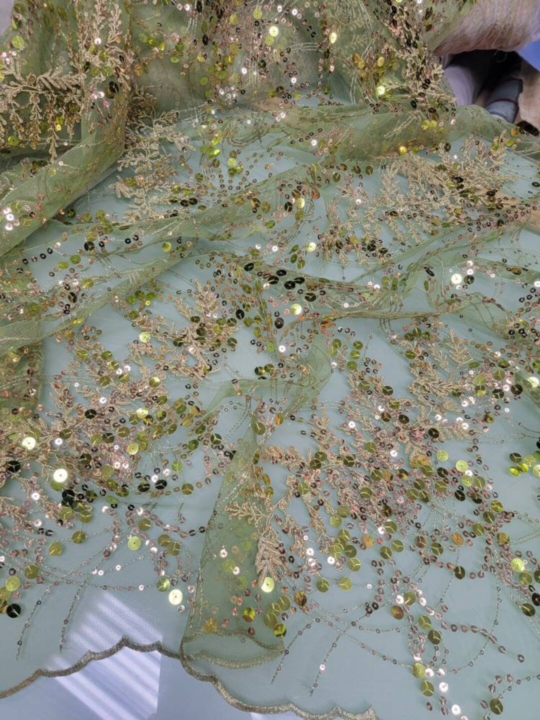 Green Color Sequenced Lace Design Usable for Apparel Accessories and ...