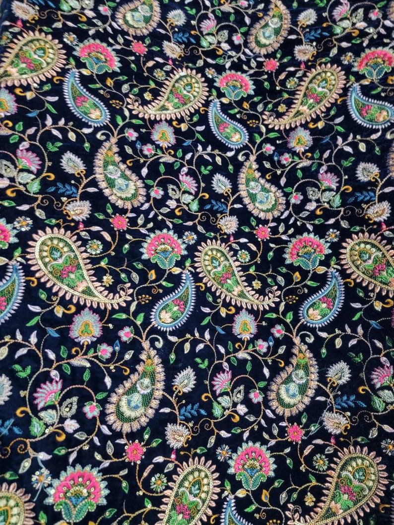 Navy Blue Color Embroidered and Beaded Velvet 44 Inches Wide Usable for ...
