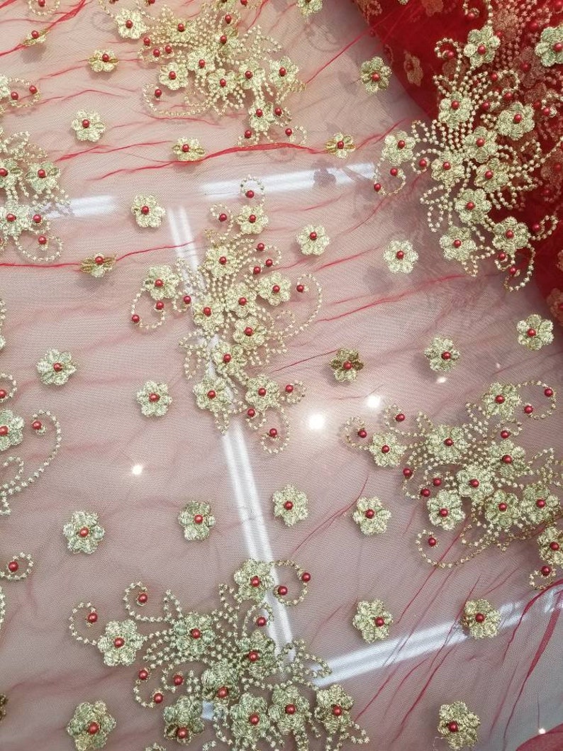 Red Tulle Embroidered Lace With Gold Thread Work and Red Pearl - Etsy