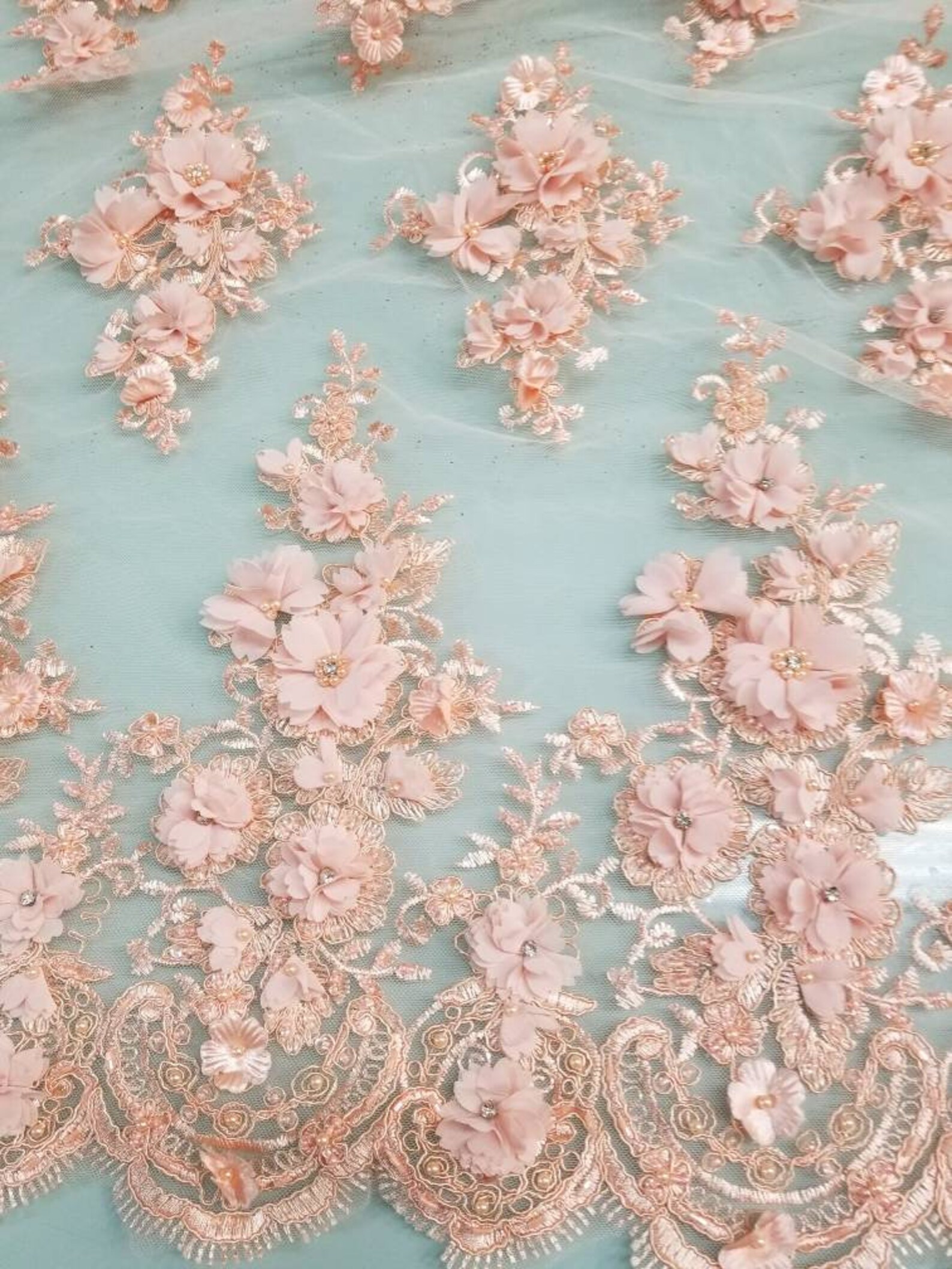 Lace Fabric With Rhinestones, 3D Lace Fabric With Flowers for Haute ...