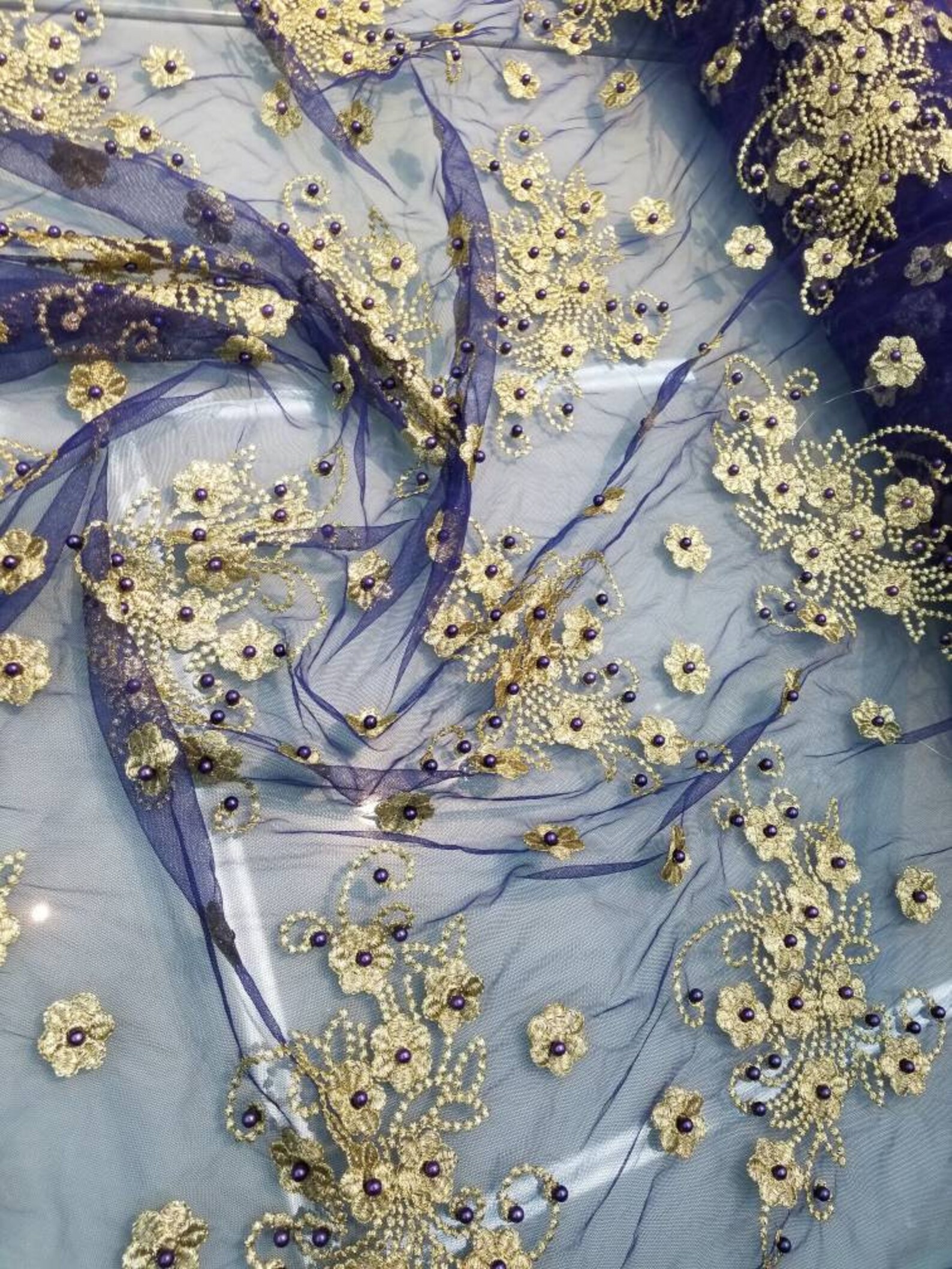 Royal Blue Color Tulle Embroidered Lace With Gold Thread Work and Blue ...