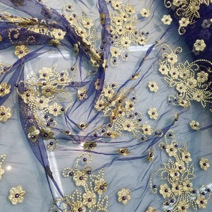 Royal Blue Color Tulle Embroidered Lace With Gold Thread Work and Blue ...