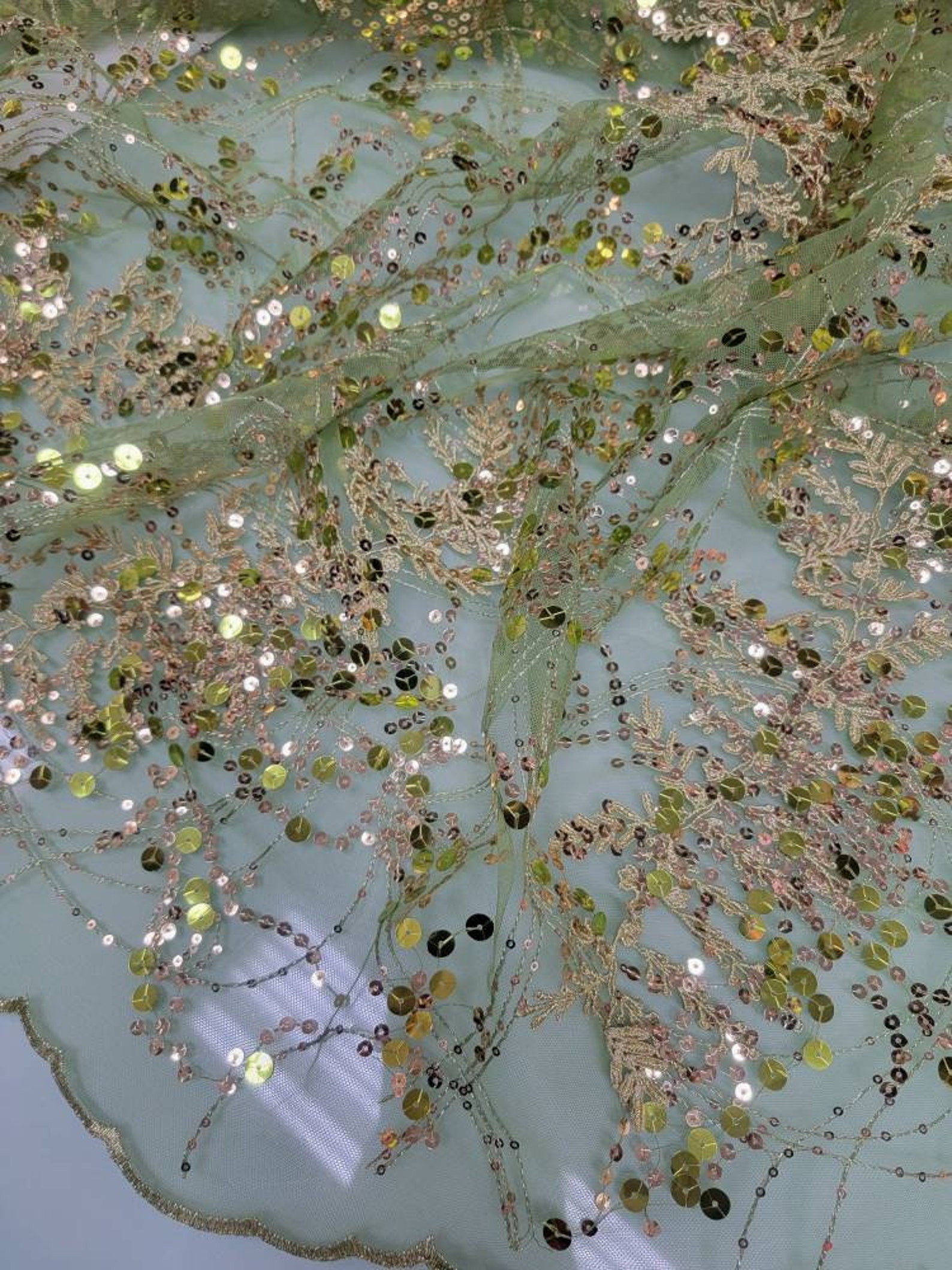 Green Color Sequenced Lace Design Usable for Apparel - Etsy