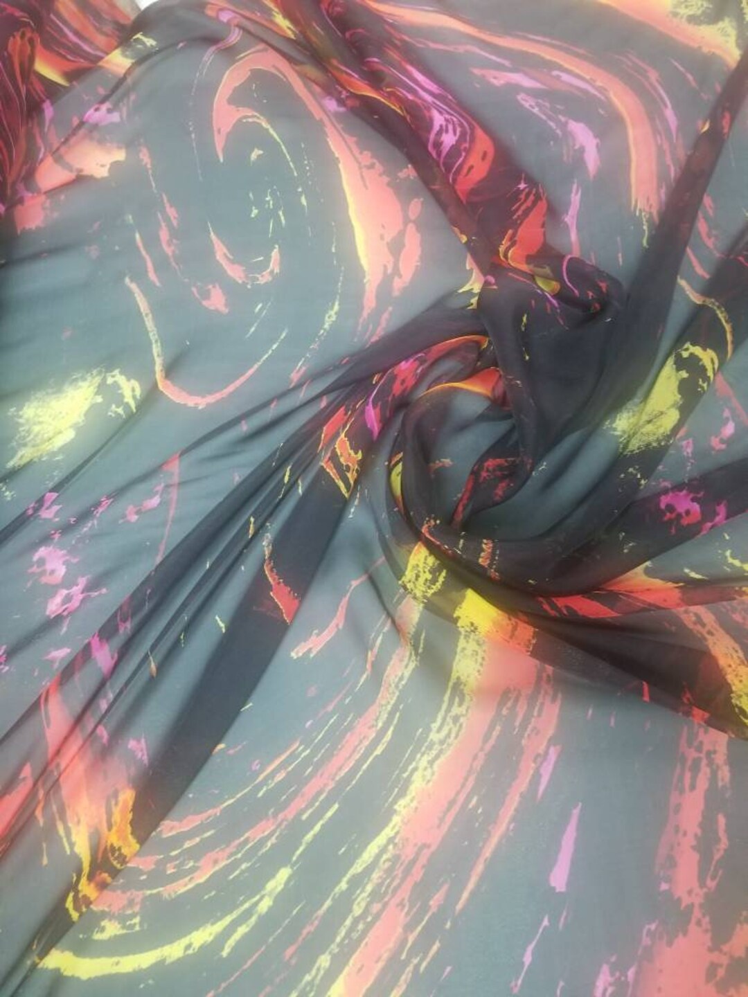 Italian Designer Chiffon Swirly Print Black Base With Multicolored ...