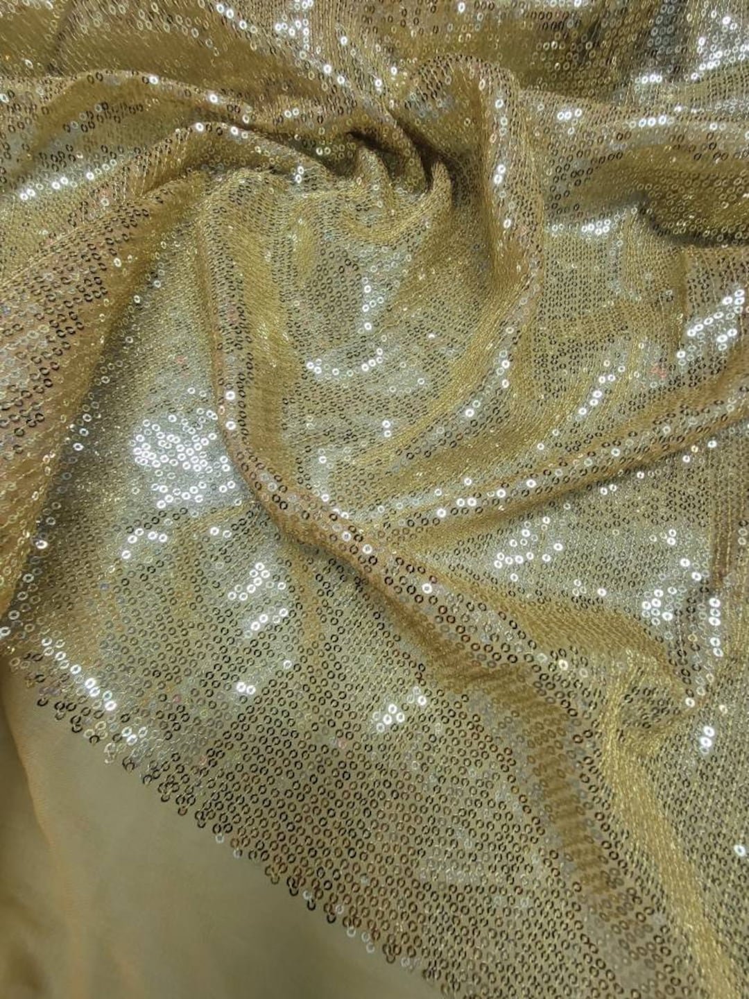 Gold Color Soft Chiffon Hand Beaded Sequenced Fabric. 45 Inches Wide ...