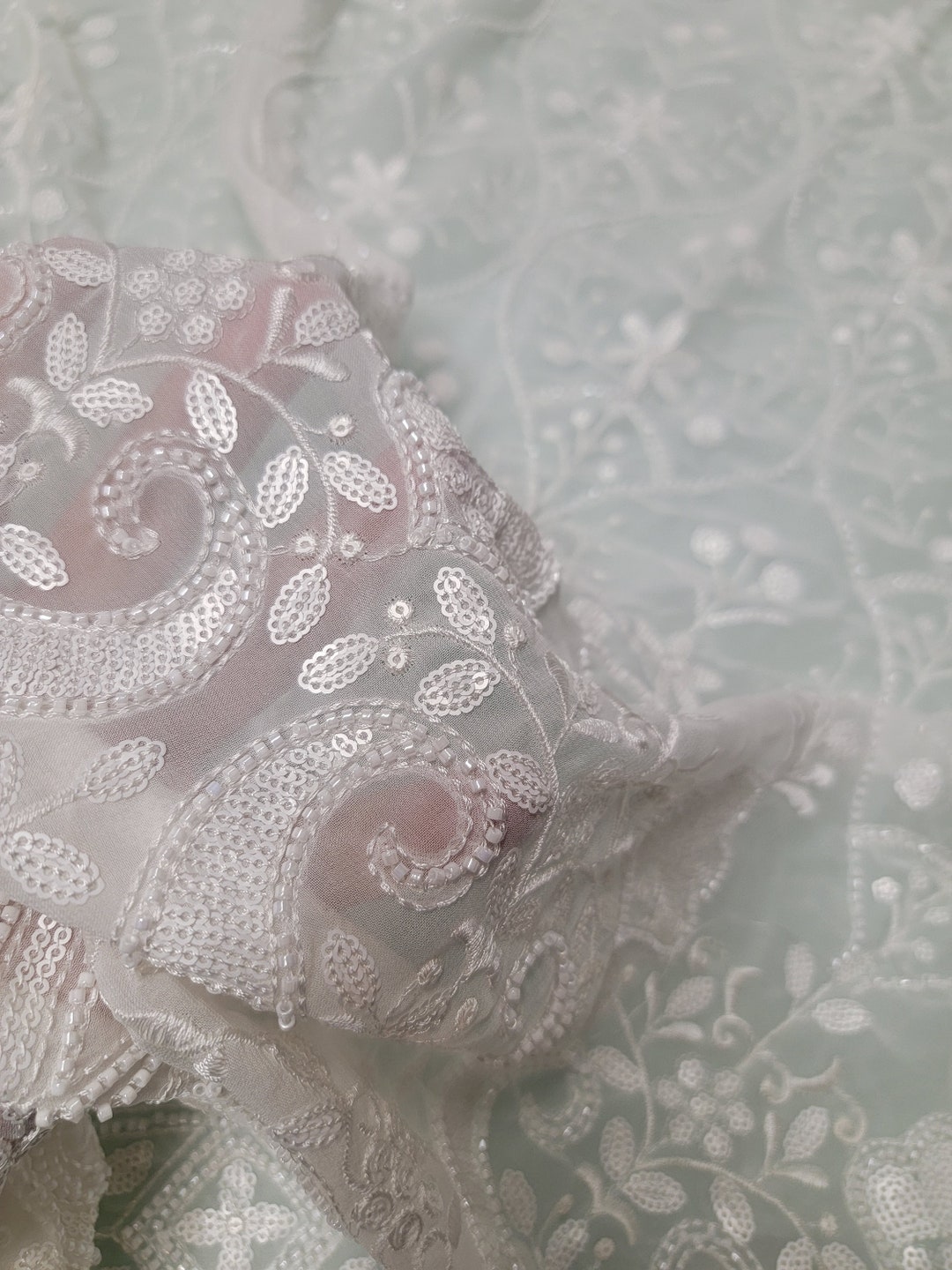 Hand Beaded Elegantly Beading This Gorgeous Sheer Dress Fabric Creating ...