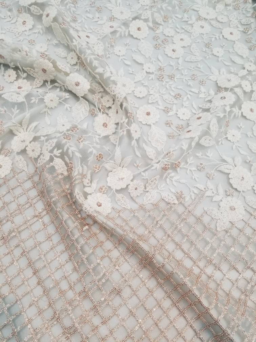 Off White Color Thread Embroidery Work on Tulle Fabric With Copper ...
