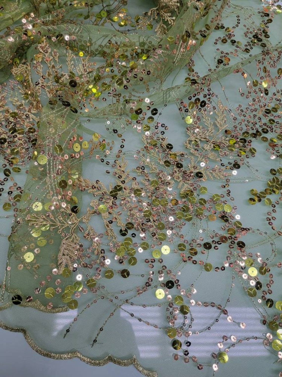 Green Color Sequenced Lace Design Usable for Apparel - Etsy