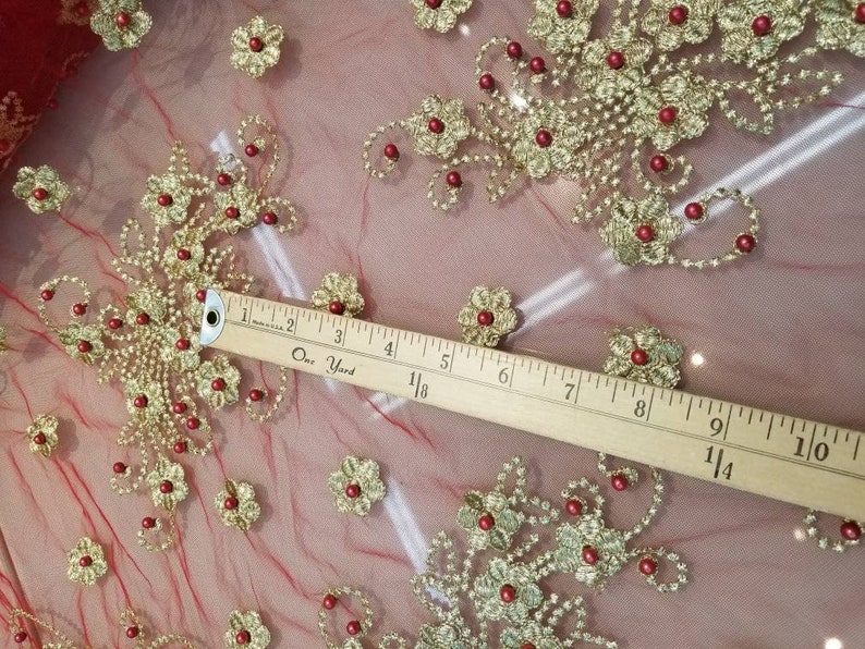 Red Tulle Embroidered Lace With Gold Thread Work and Red Pearl - Etsy