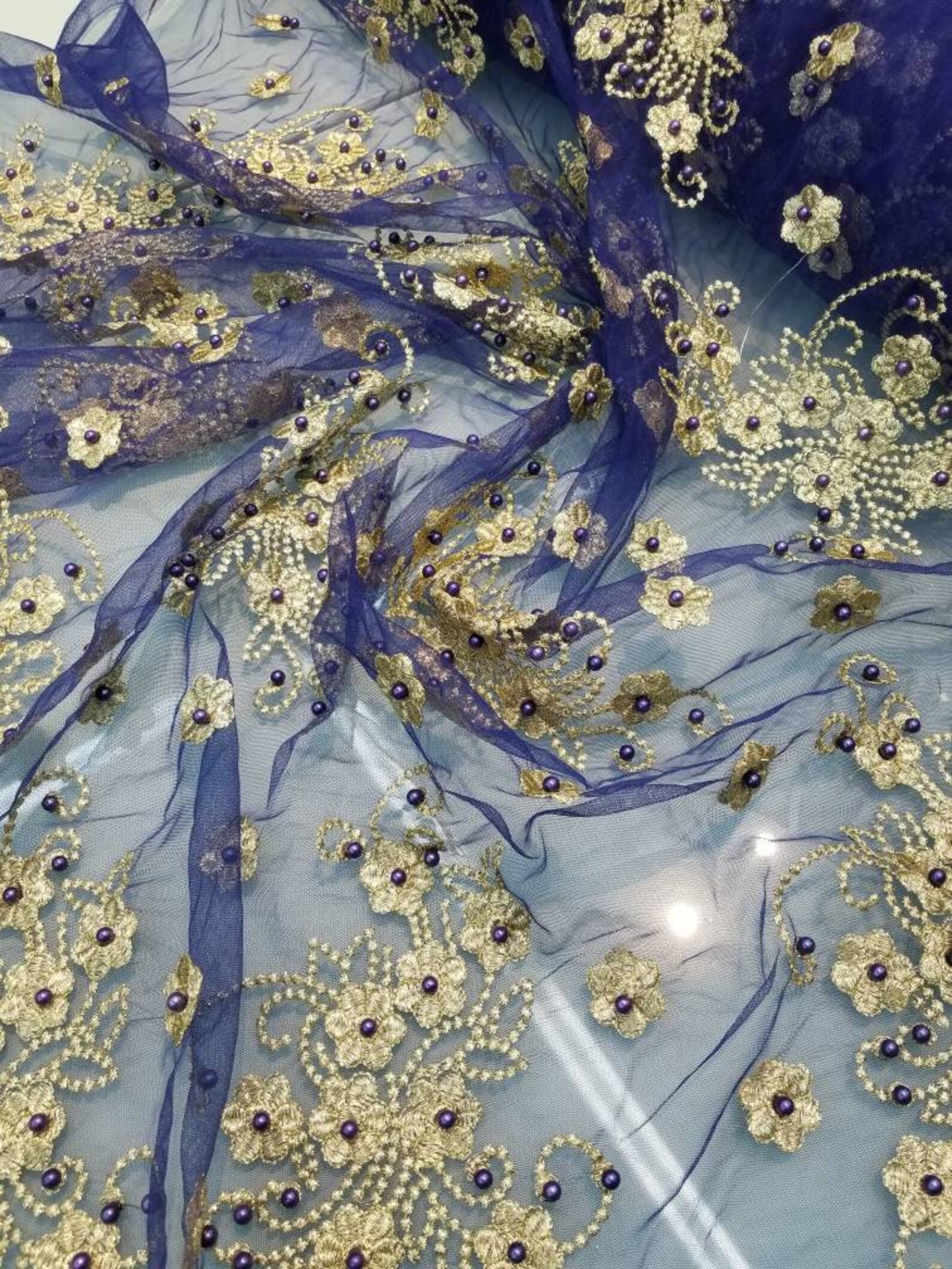 Royal Blue Color Tulle Embroidered Lace With Gold Thread Work and Blue ...
