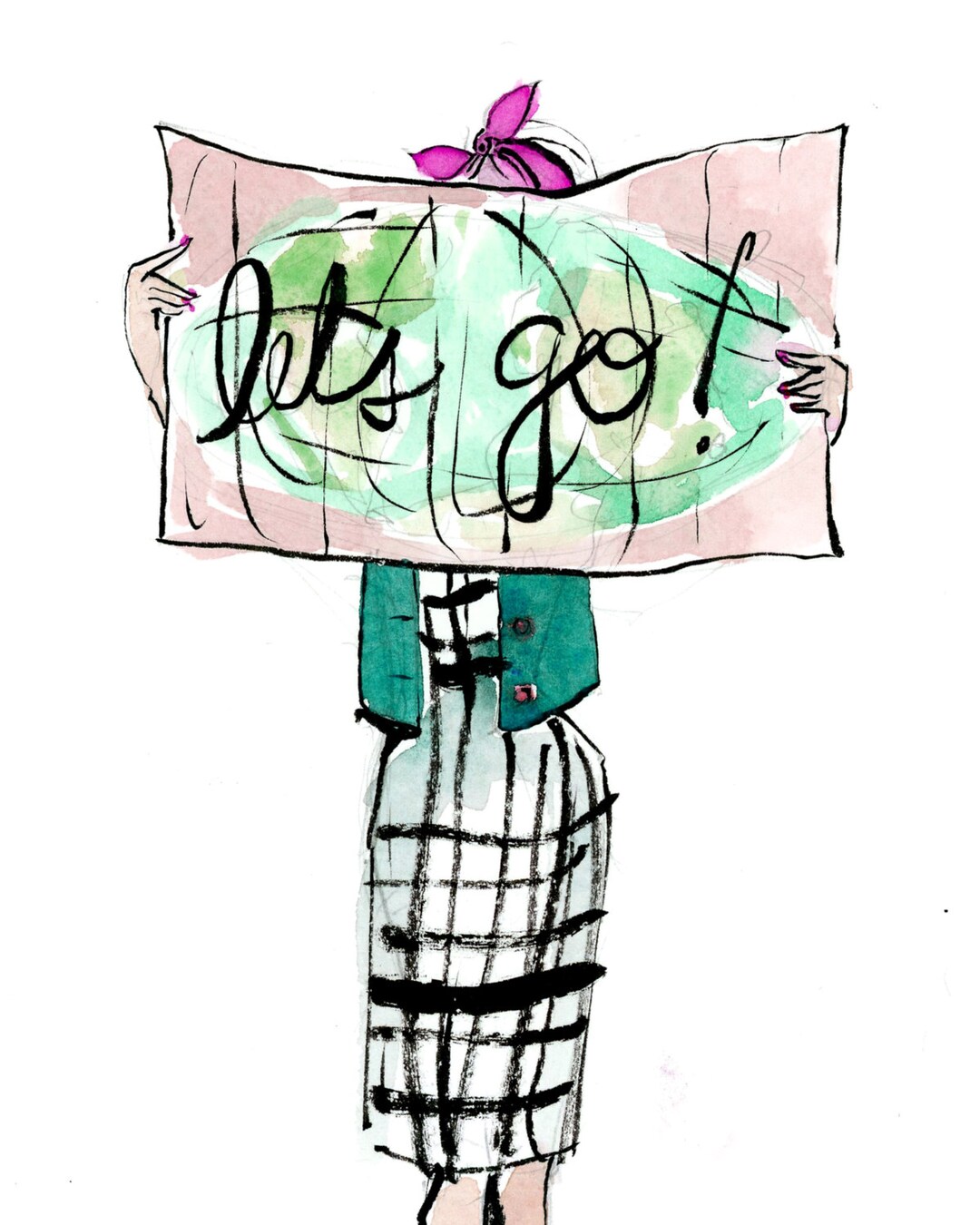 Travel Art Print: Let's Go! Map Girl {cute Wall Art, Home Decorating ...