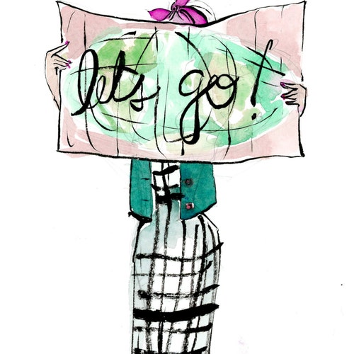 Travel Art Print: Let's Go Map Girl cute Wall Art Home - Etsy